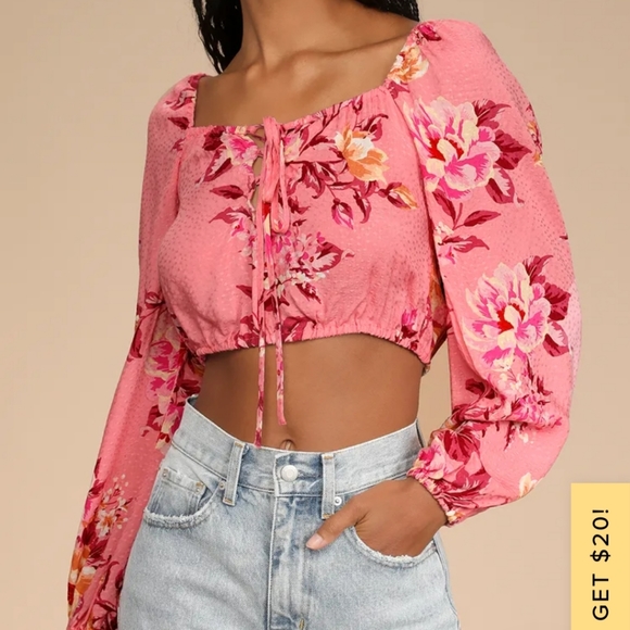 Lulus Tops Lulus Cheerful Disposition Pink Floral Print Laceup Crop