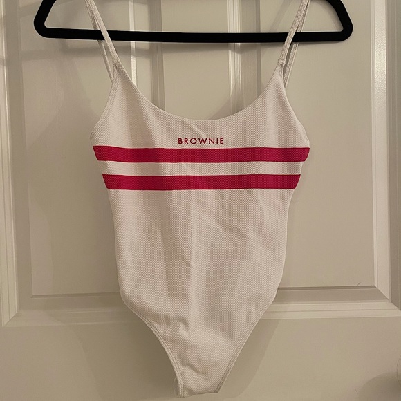 Brownie Swim One Piece Swimsuit White With Red Detail Woven Fabric