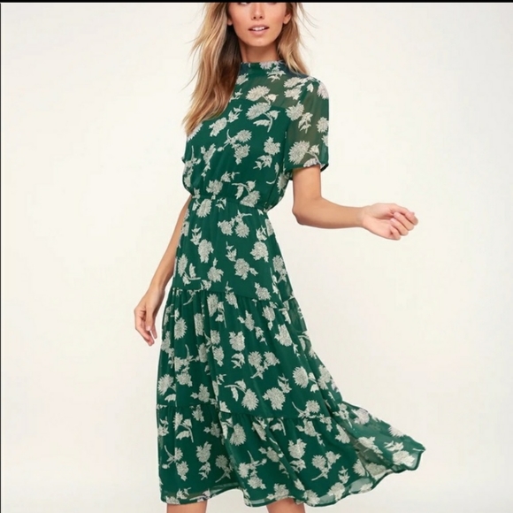 Lulus Dresses Lulus Floral Dressed Up Dark Green Floral Print Midi