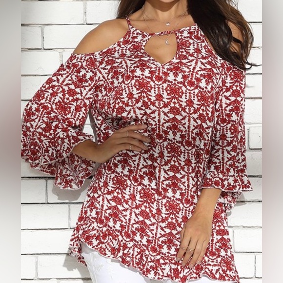 Suzanne Betro Tops Red Floral Coldshoulder Tunic Poshmark