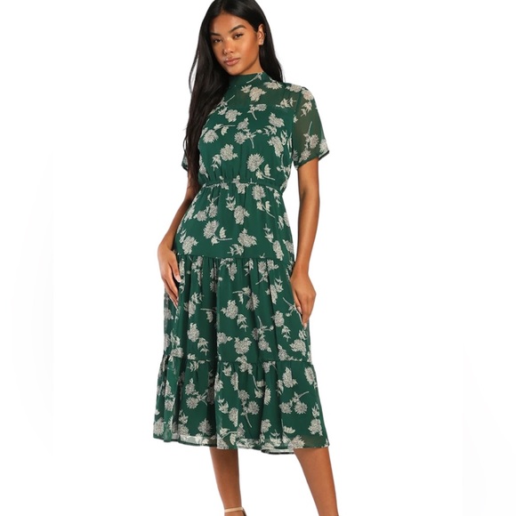 Lulus Dresses Lulus Floral Dressed Up Dark Green Floral Print Midi