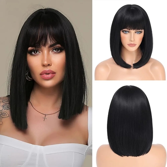 Wassai Hair Short Black Bob Wig With Bangs Natural Looking Straight