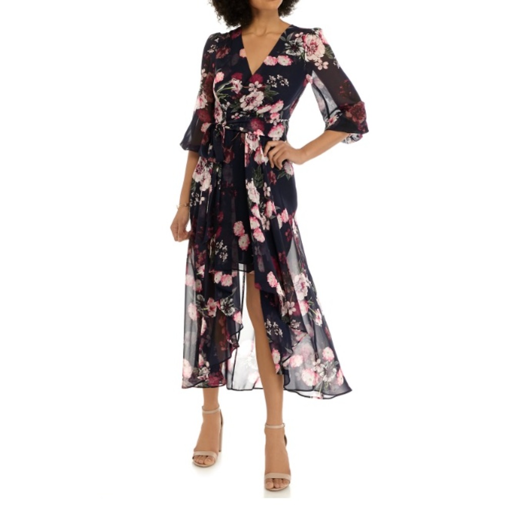 Eliza J Floral Chiffon Wrap Dress Gem