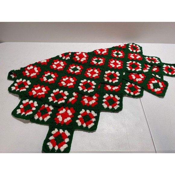 Holiday Vintage Crochet Christmas Tree Skirt Granny Square Red Green