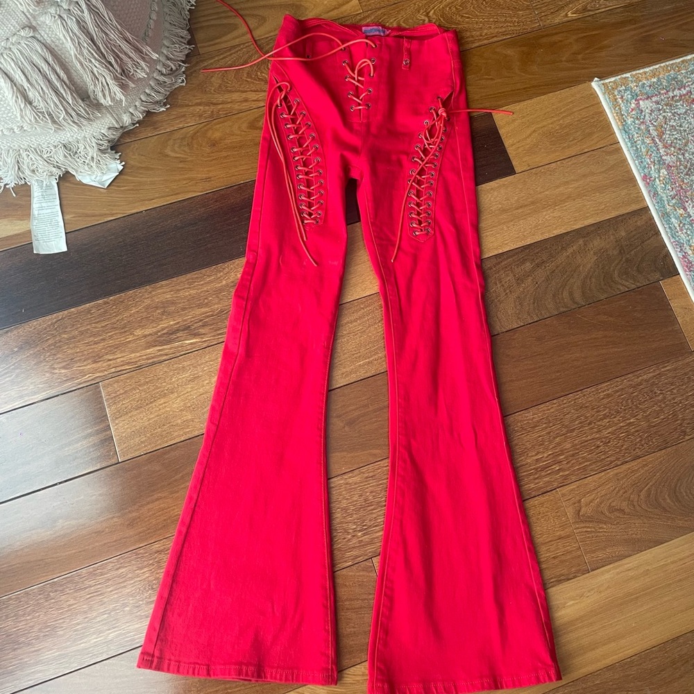 Edikted Lace Up Red Flare Jeans Gem