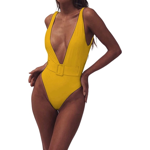 Swim Womens Sexy Deep V Neck One Piece Strappy Bathing Suit With Belt