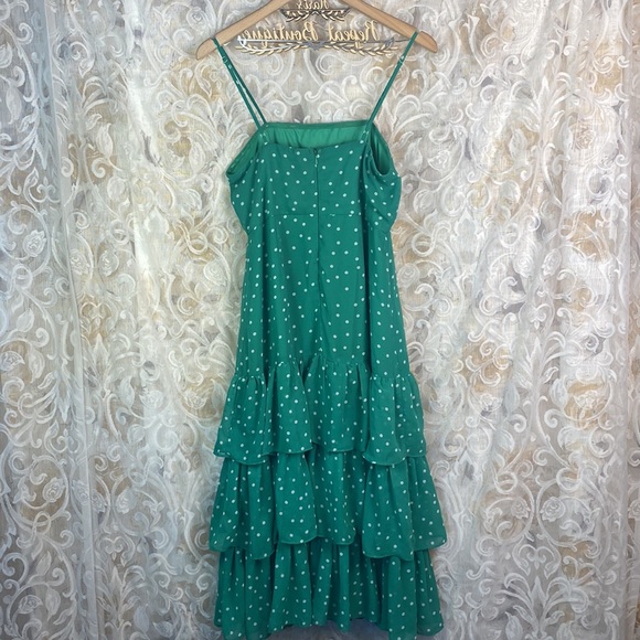 Lulus Dresses Lulus Nellie Green Polka Dot Ruffled Midi Dress Front