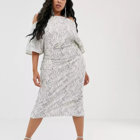 Asos Curve Dresses Asos Curve Fallen Shoulder Lace Midi Dress Ivory