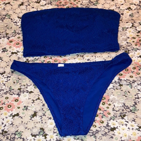 Aerie Swim Womens Aerie Royal Blue Crochet Push Up Bandeau Bikini