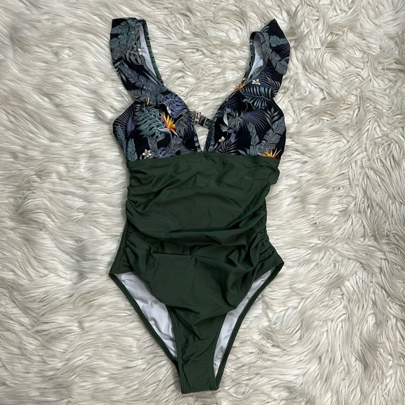 Beachsissi Swim Beachsissi Green And Tropical Floral One Piece