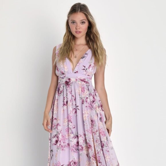 Lulus Dresses Garden Meandering Lavender Floral Print Maxi Dress