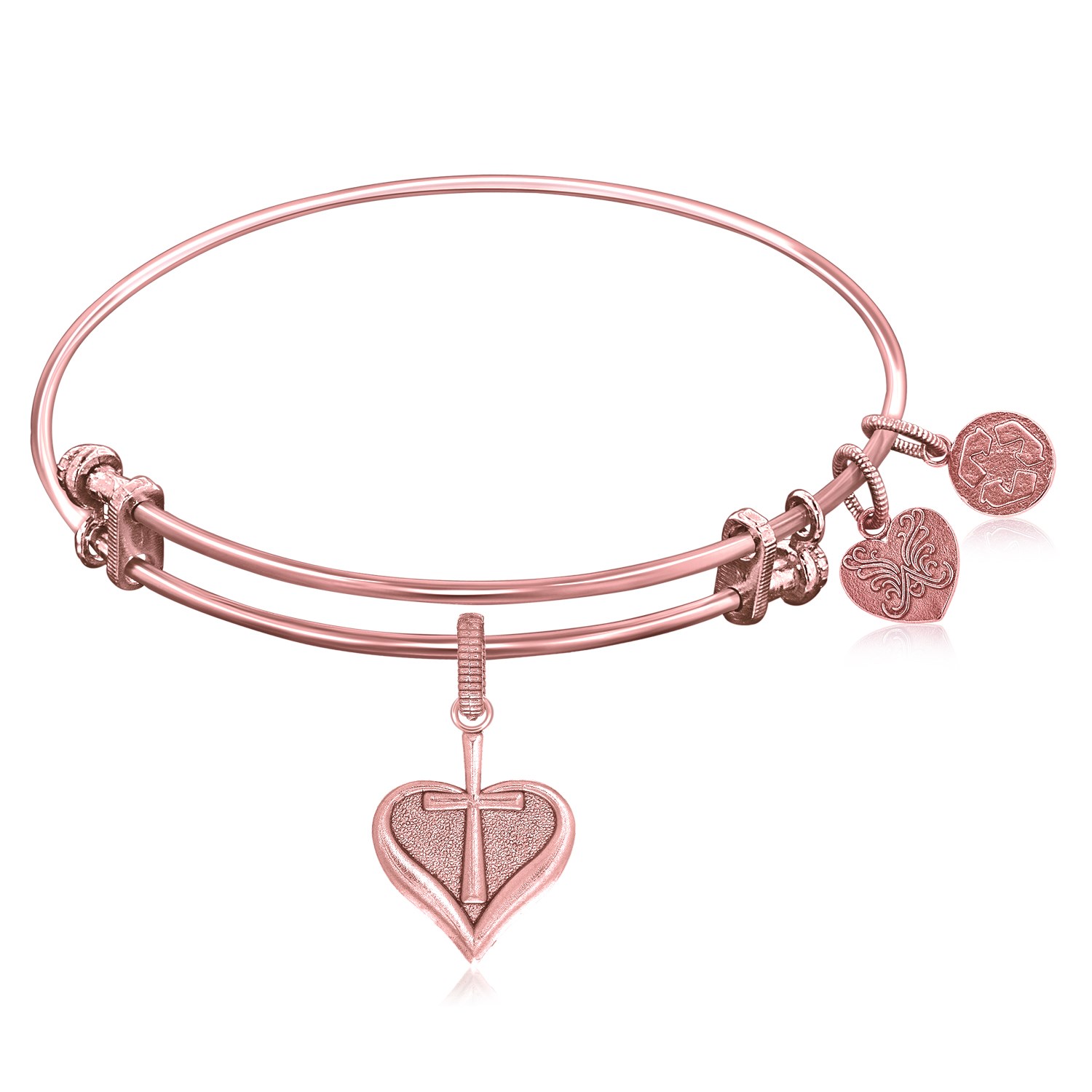 Expandable Pink Tone Brass Bangle With Heart With Cross Symbol