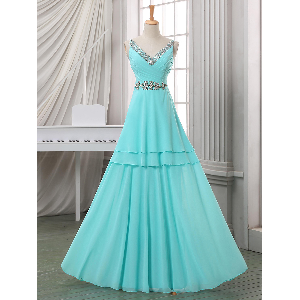 Sequins Beaded V Neck Long Prom Dress Light Blue Ruffles A Line Prom