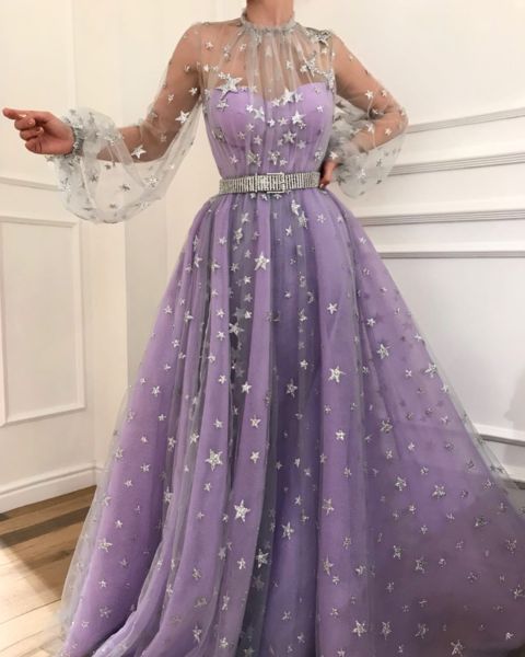 Gorgeous Ball Gown Sparkly Star Tulle Light Purple Prom Dresses With