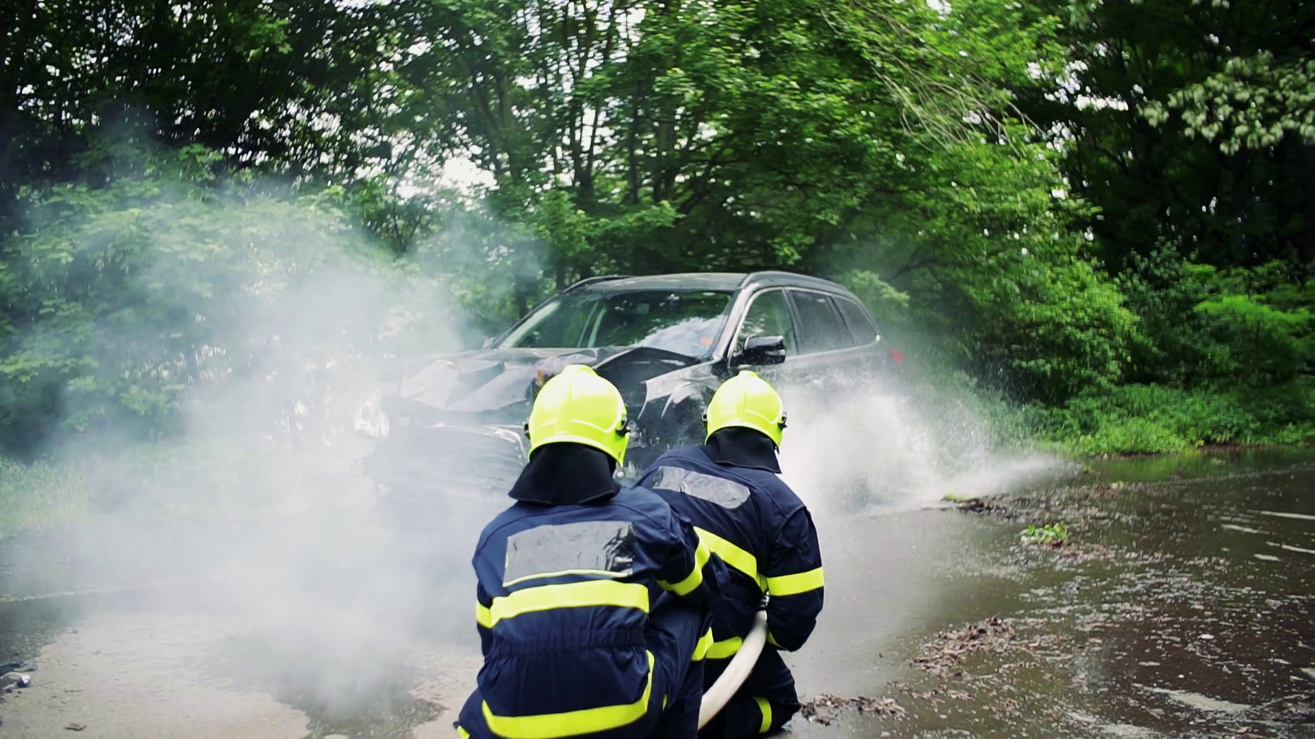 Two Firefighters Extinguishing Burning Car Stock Footage Sbv 326707605