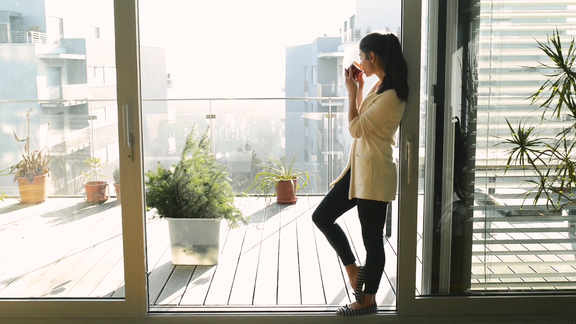 Young Woman Enjoying Hot Drink On Balcony Stock Footage Sbv 313580929