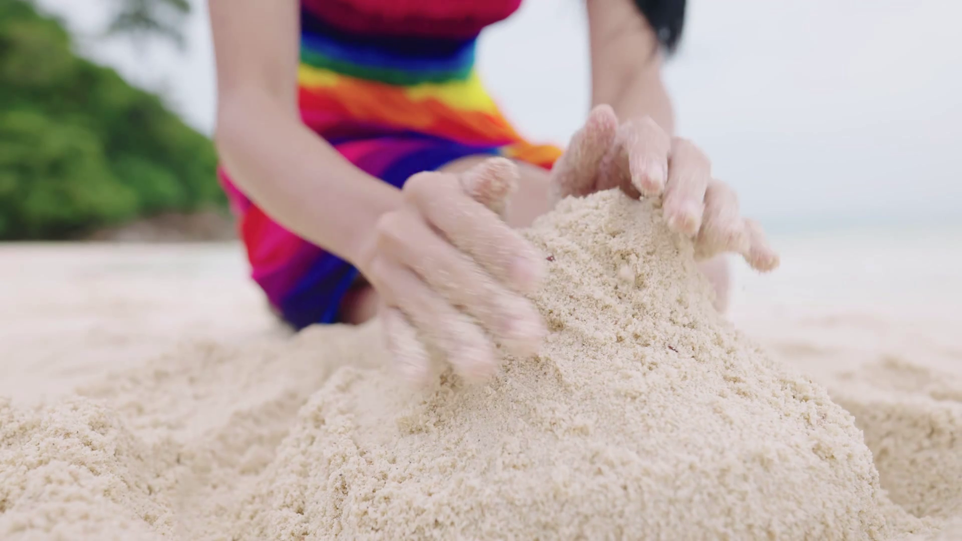 Relaxing Vibe On Tropical Beach A Creative Playful Girl In Rainbow