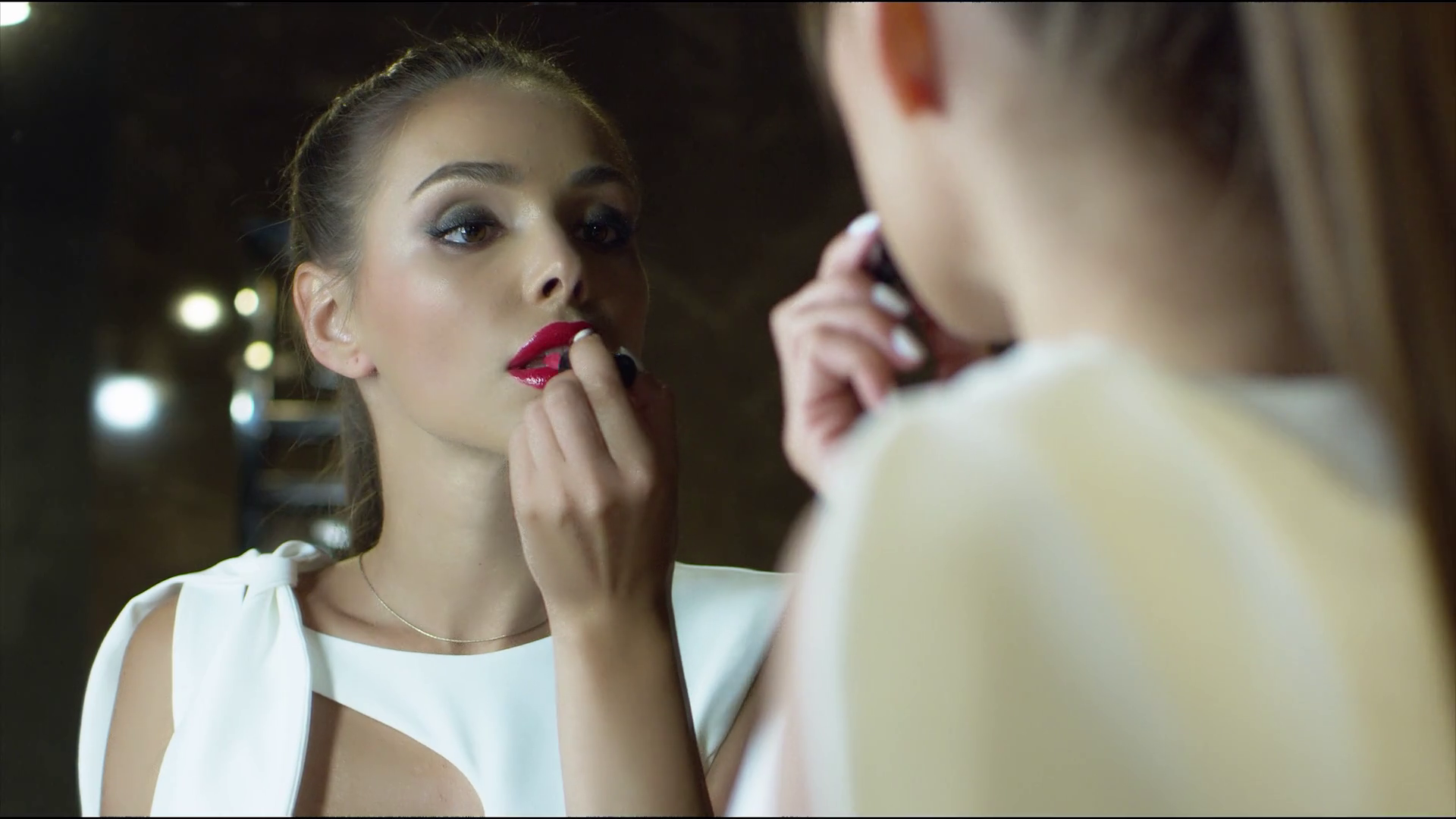 Elegant Woman In White Dress Applying Makeup Stock Footage Sbv