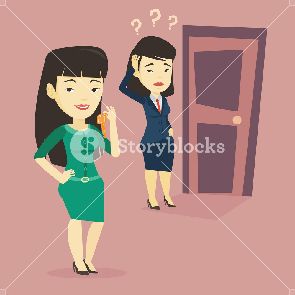 Smiling Asian Business Woman Showing Key On The Background Of Young