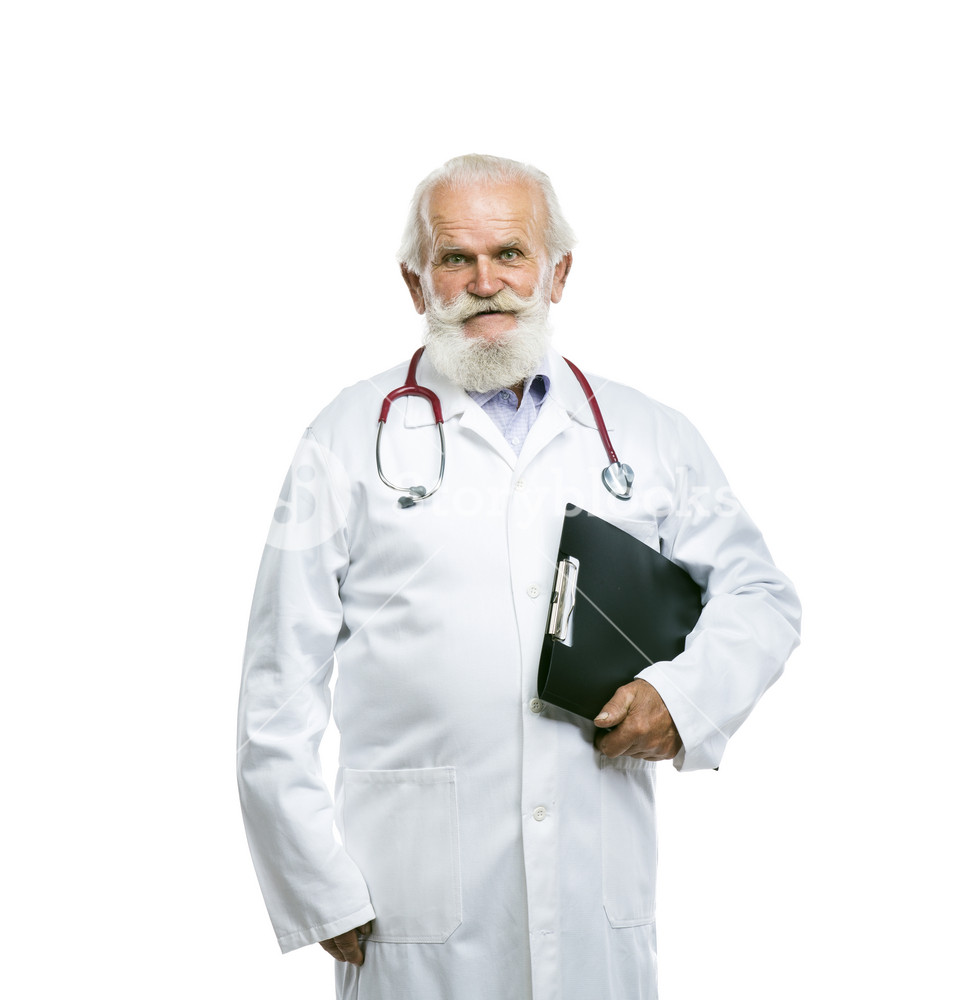 Portrait Of An Old Male Doctor With A Stethoscope Around His Neck