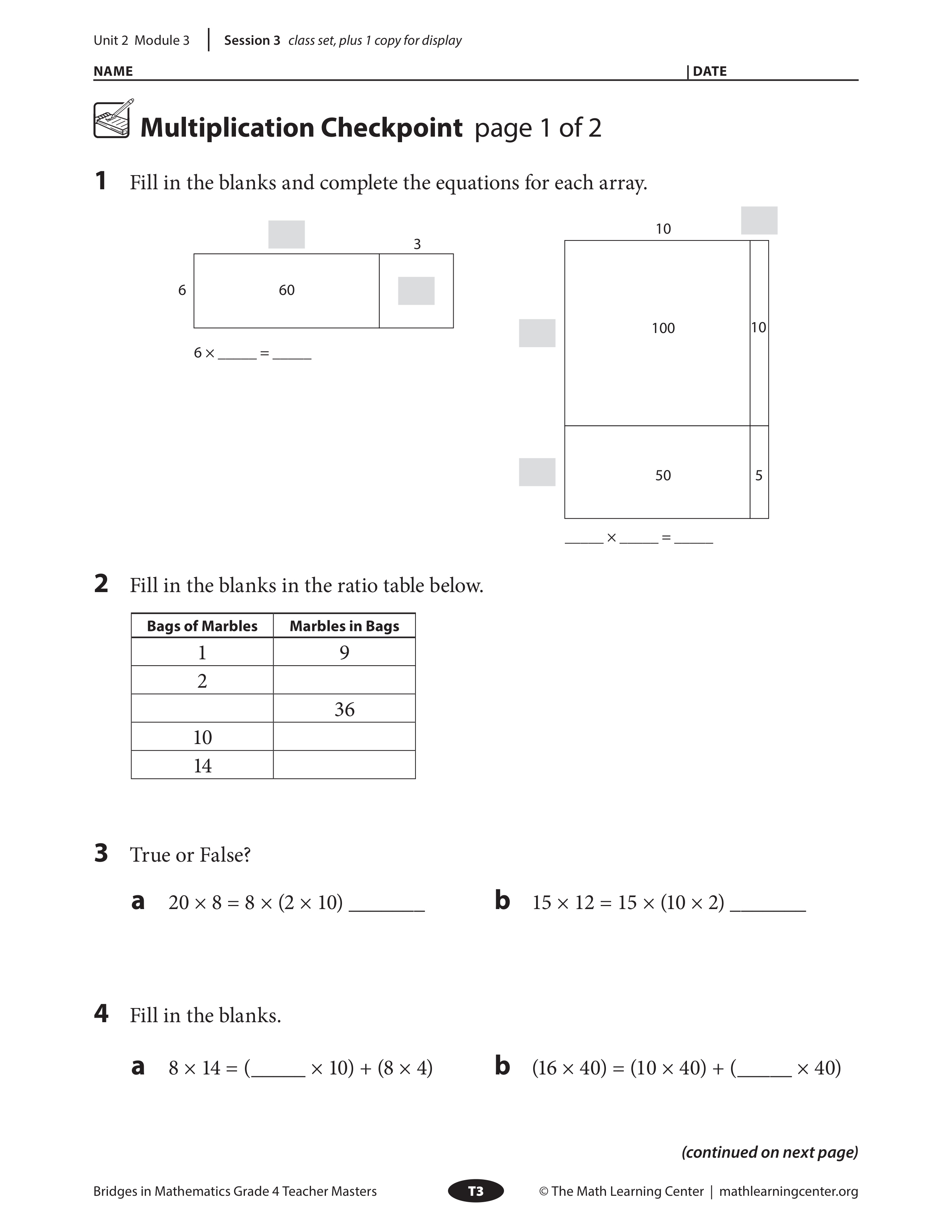 Bridges Grade 4 Unit 2 Multiplication Checkpoint Adam Bleakley