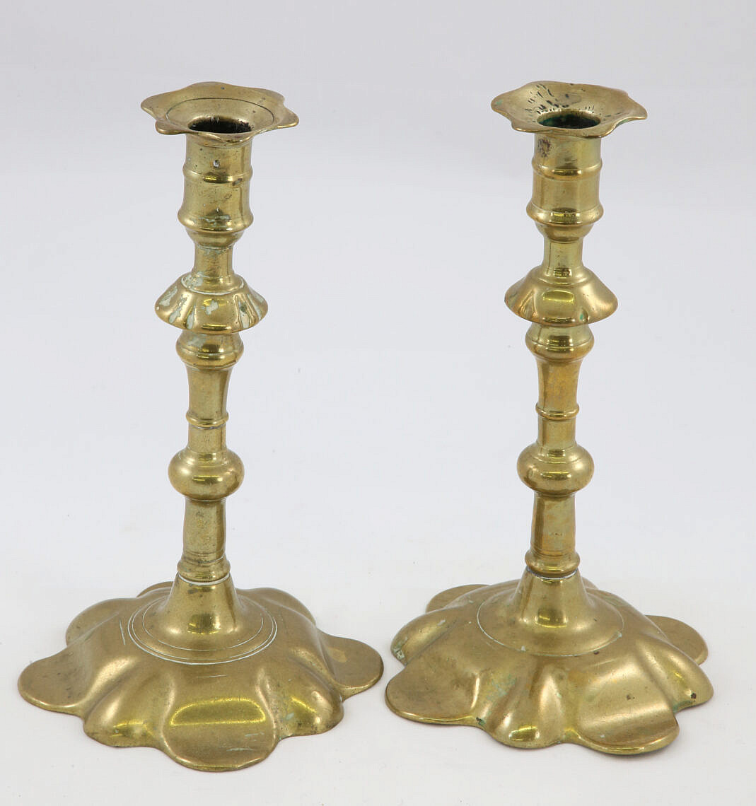 Pair Of Queen Anne Brass Push Up Candlesticks Early 18th Century Pair