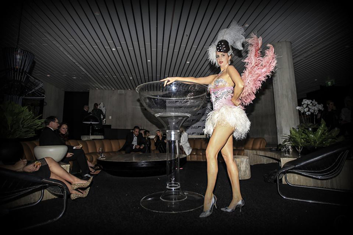 Giant Martini Glass Performer Hire Retro Chic Burlesque Artist