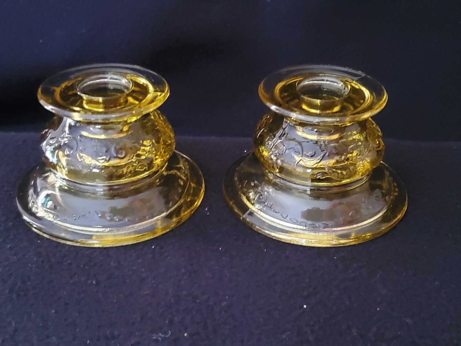 Vintage Amber Yellow Depression Candle Holder Set Madrid Pattern By