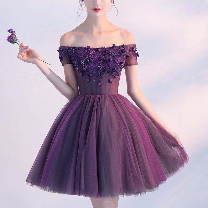 Cute A Line Purple Off Shoulder Short Prom Dress Homecoming Dress On