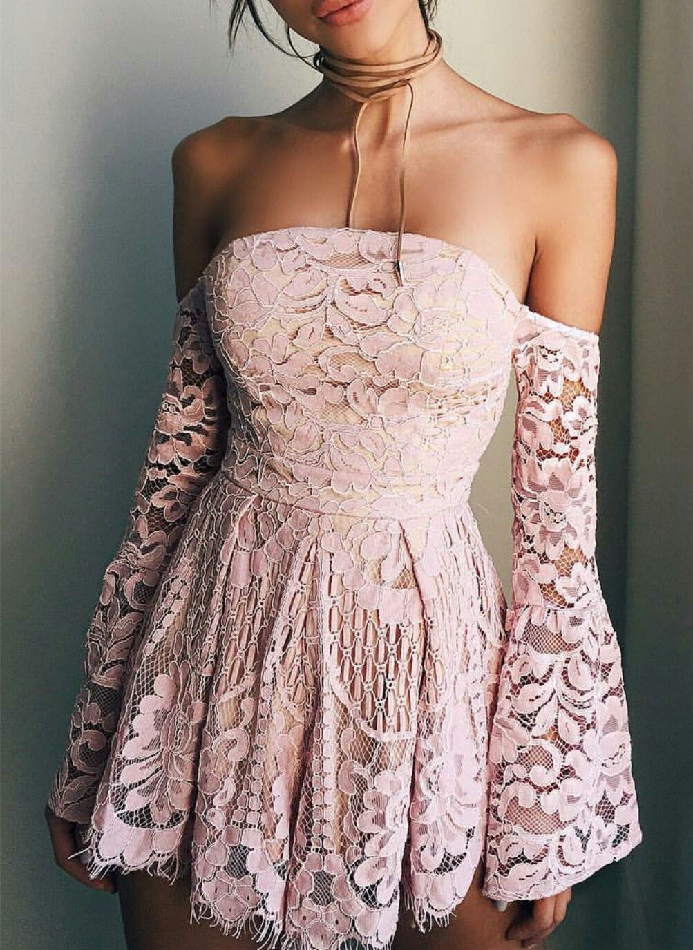 Sweet Pink Lace Off The Shoulder Homecoming Dresslong Sleeves Mini