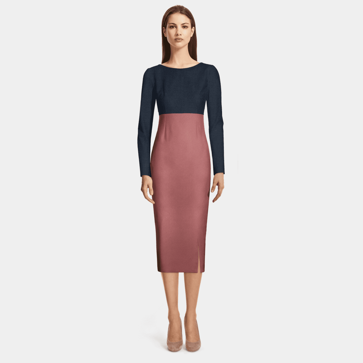 Blue And Pink Long Sleeve Boat Neck High Waisted Sheath Midi Dress