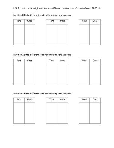 Partitioning Two Digit Numbers Into Different Combinations Of Tens And