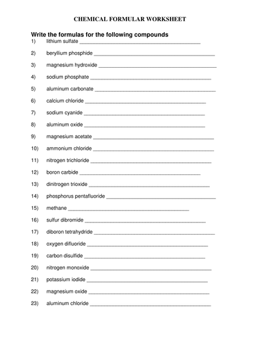 Writing Chemical Formulas Worksheet With Answers