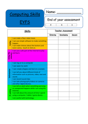 Eyfs Computing Skills Teacher Assessment Sheet Foundation Stage