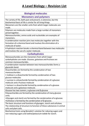 A Level Aqa Biology Revision Ticklist New Spec Teaching Resources