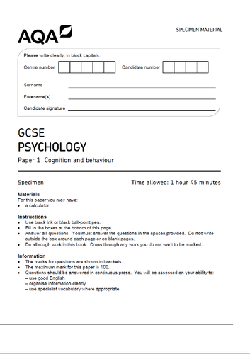 Gcse 9 1 Aqa Psychology Exam Paper And Mark Scheme Teaching Resources