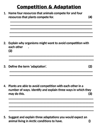 New Aqa Gcse Trilogy 2016 Biology Competition And Adaptation Homework