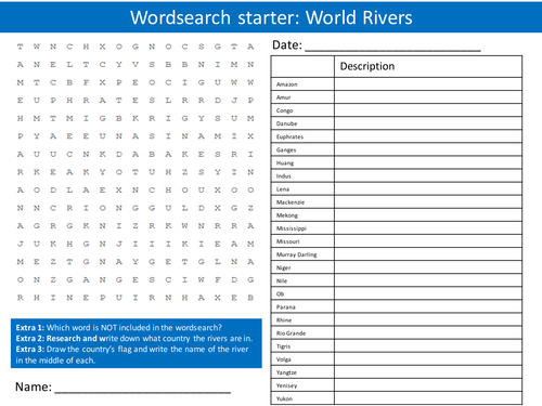 Geography Rivers Of The World Ks3 Gcse Wordsearch Crossword Anagram