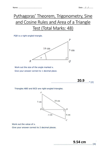 Pythagoras Theorem Trigonometry And Area Of Triangle Test Teaching