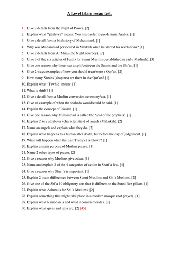 A Level Islam Recap Test Beliefs And Practices Teaching Resources