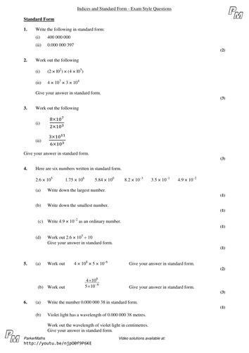 Indices And Standard Form Higher Gcse Exam Style Questions