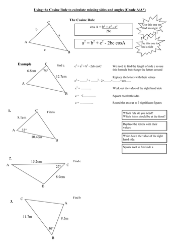 Using The Cosine Rule Structured Worksheet Teaching Resources