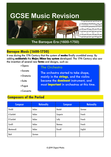 Baroque Music Revision Guide Teaching Resources