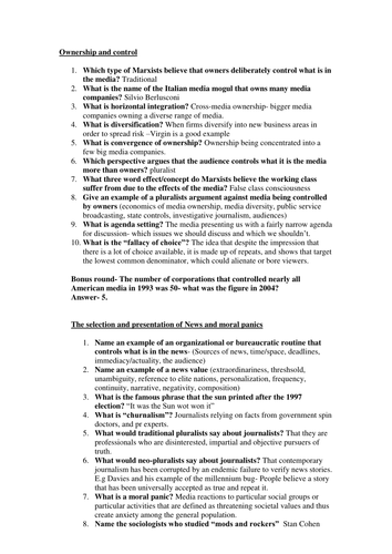 A2 Aqa Sociology Scly3 Media End Of Unit Revision Pub Quiz Style