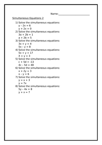 Worksheet On Simultaneous Equations