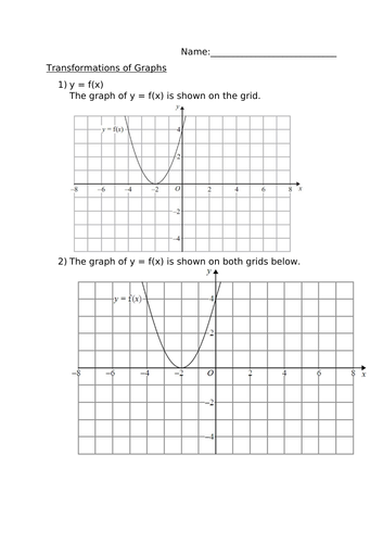 Transformations Of Graphs Worksheet Teaching Resources