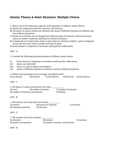 Atom Structure And Atomic Theory Multiple Choice Grade 11 Chemistry With