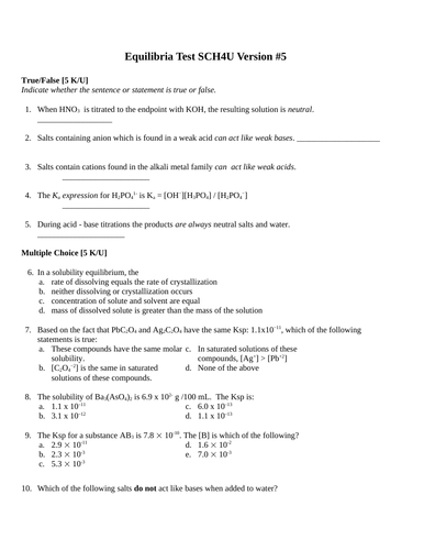 Chemical Equilibria Solubility Equilibria Keq Ka Ksp Test Package