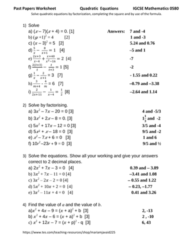 Quadratic Equation Solution Past Paper Worksheet Cambridge Igcse