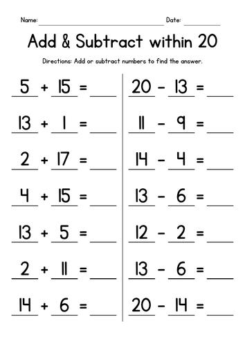 Adding And Subtracting Within 20 Worksheets Teaching Resources